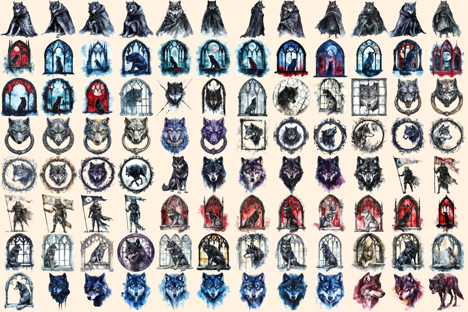 Gothic Wolves Watercolor Clipart – Enigmatic PNG Graphics (digital ...