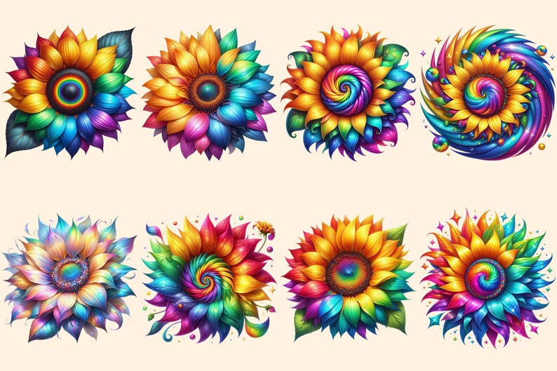 Rainbow Sunflower Clipart – Bright Floral Illustrations (PNG Digital ...