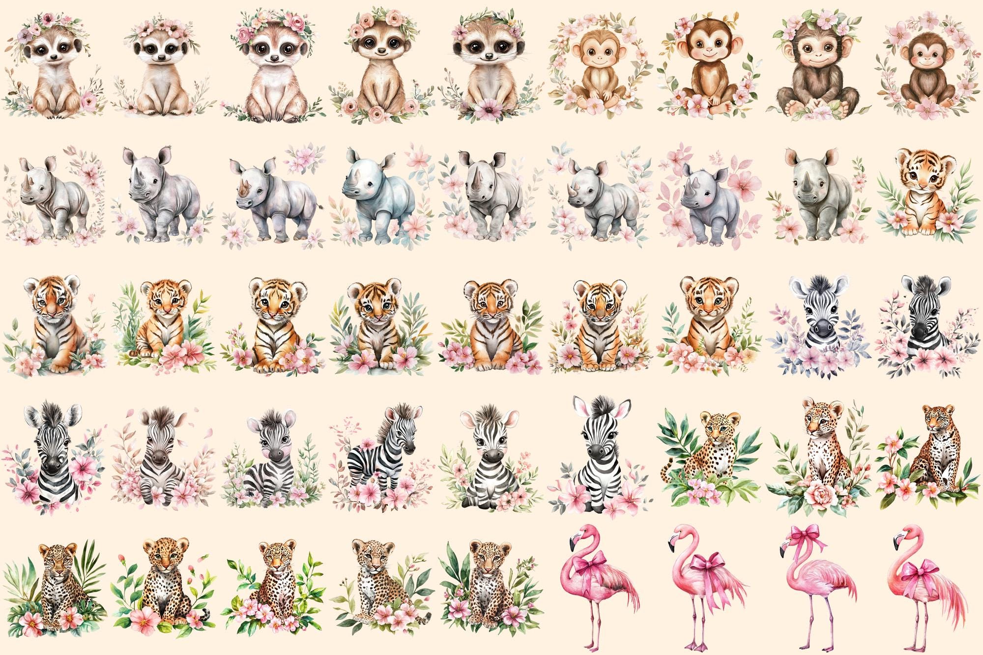 Pink Safari Watercolor Clipart Bundle – 290+ PNG Graphics (digital ...