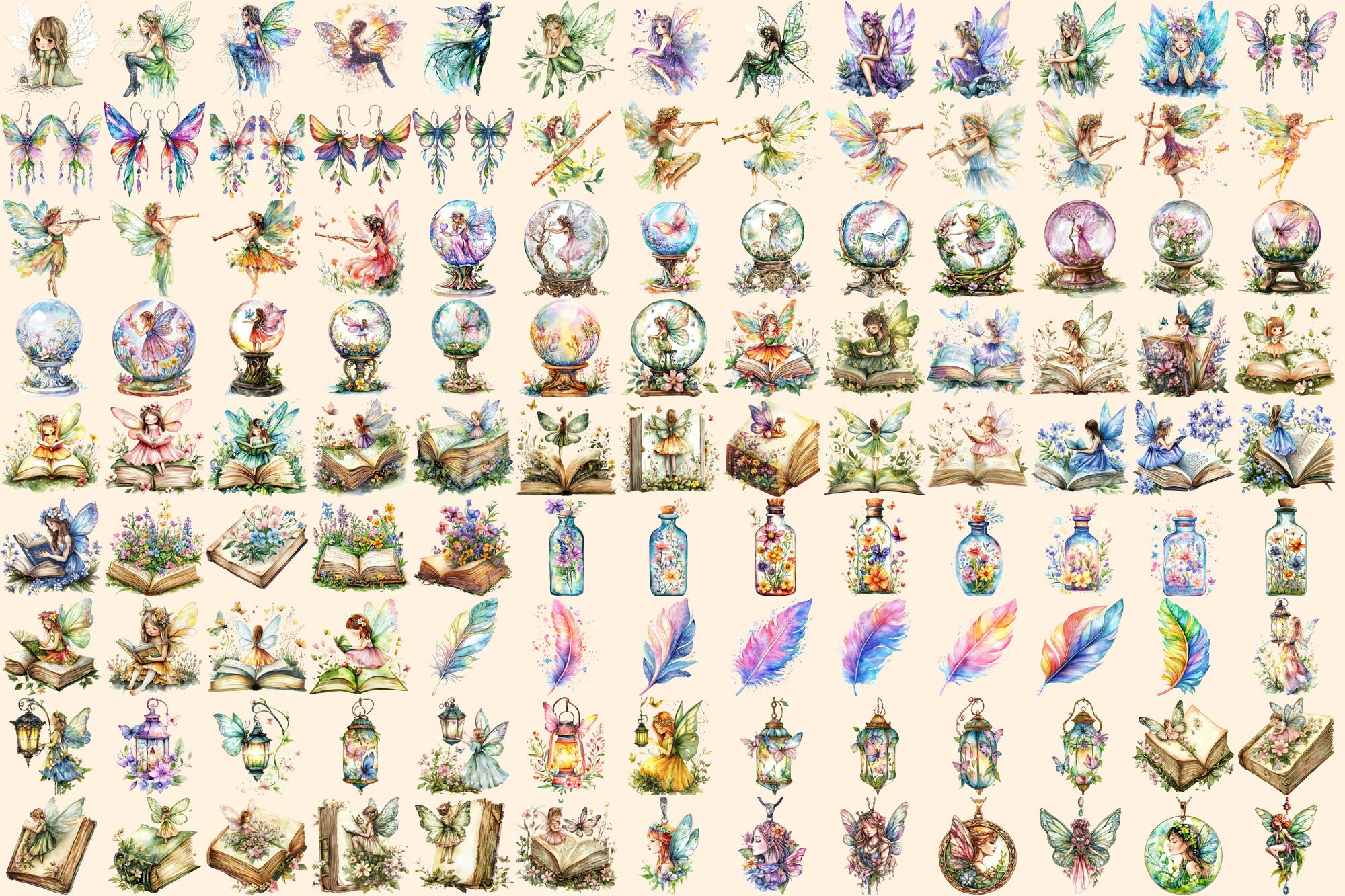 Spring Fairies Watercolor Clipart Bundle – 810+ PNG Graphics (digital ...
