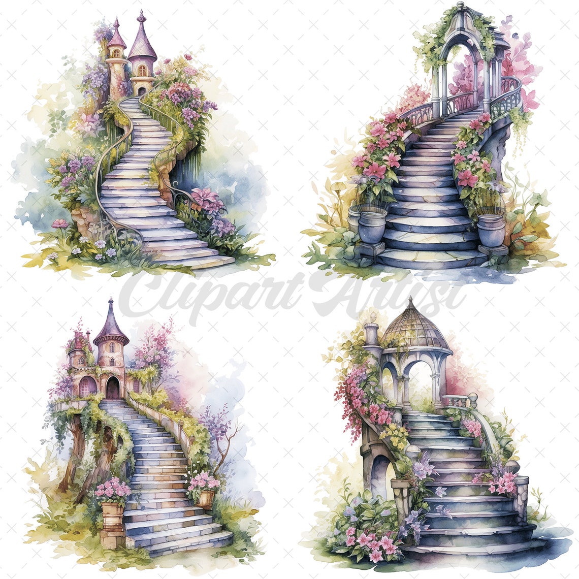 20 High-quality Fantasy Stairs Clipart Green Fantasy Watercolor Stairs ...