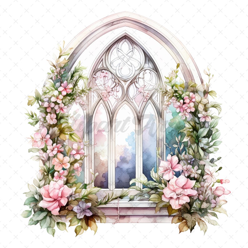 Floral Church Window Clipart – Watercolor Gothic JPG (digital Download ...