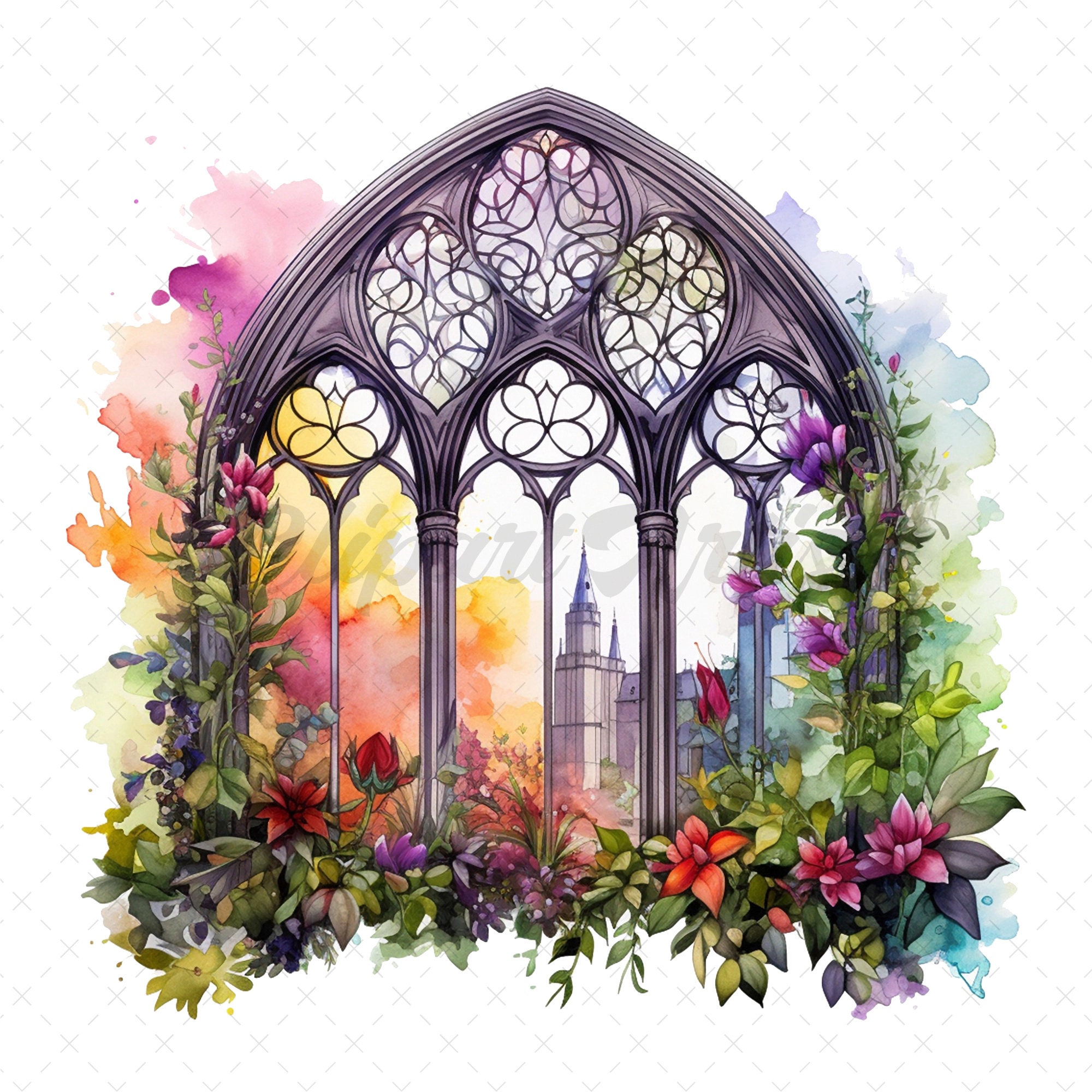 Floral Church Window Clipart – Watercolor Gothic JPG (digital Download ...