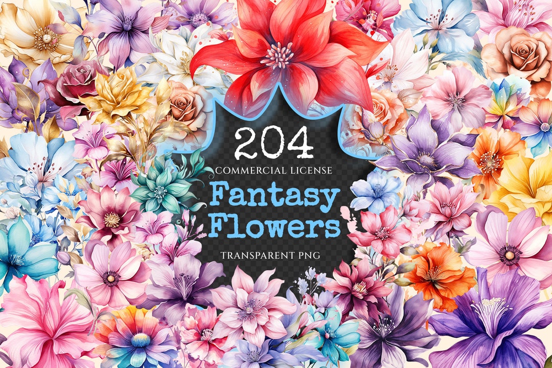 Fantasy Flowers Watercolor Clipart Bundle - 200+ Transparent PNG ...