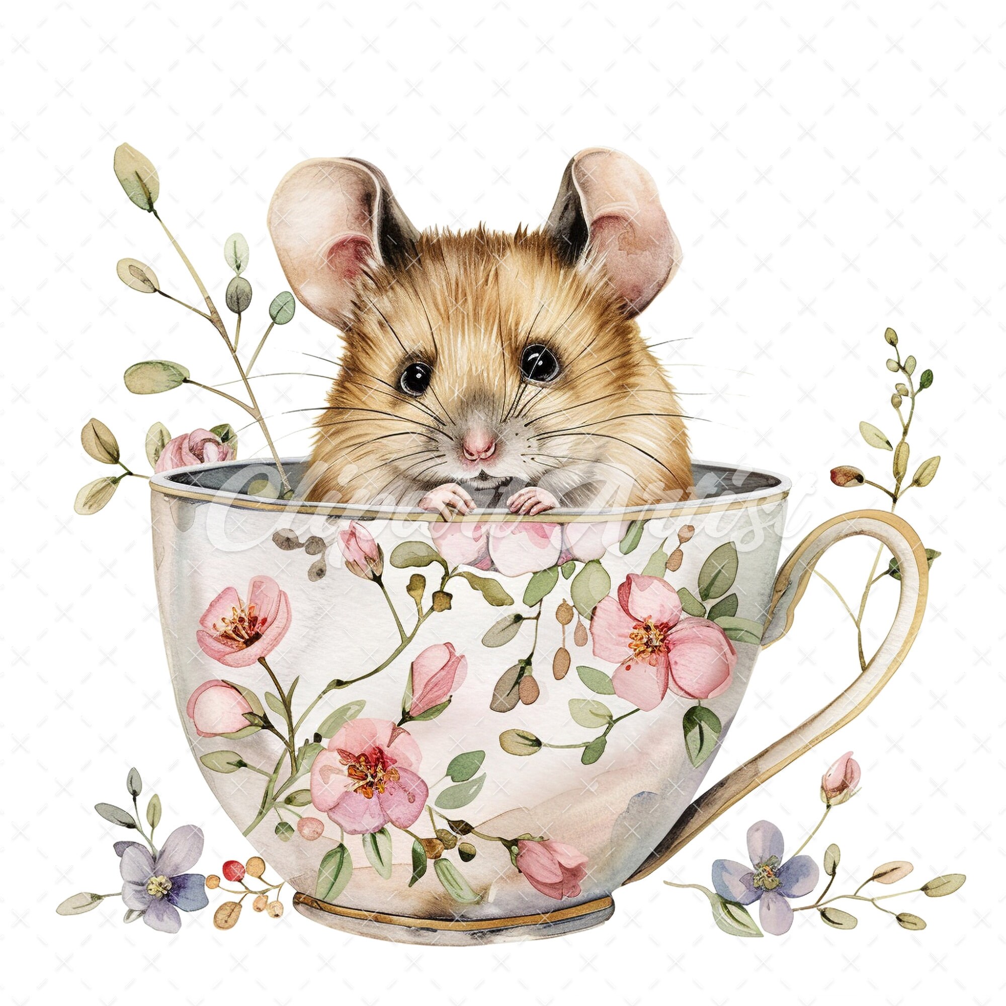 Floral Mice Clipart – Watercolor Tea Cup Mouse JPG (digital Download ...