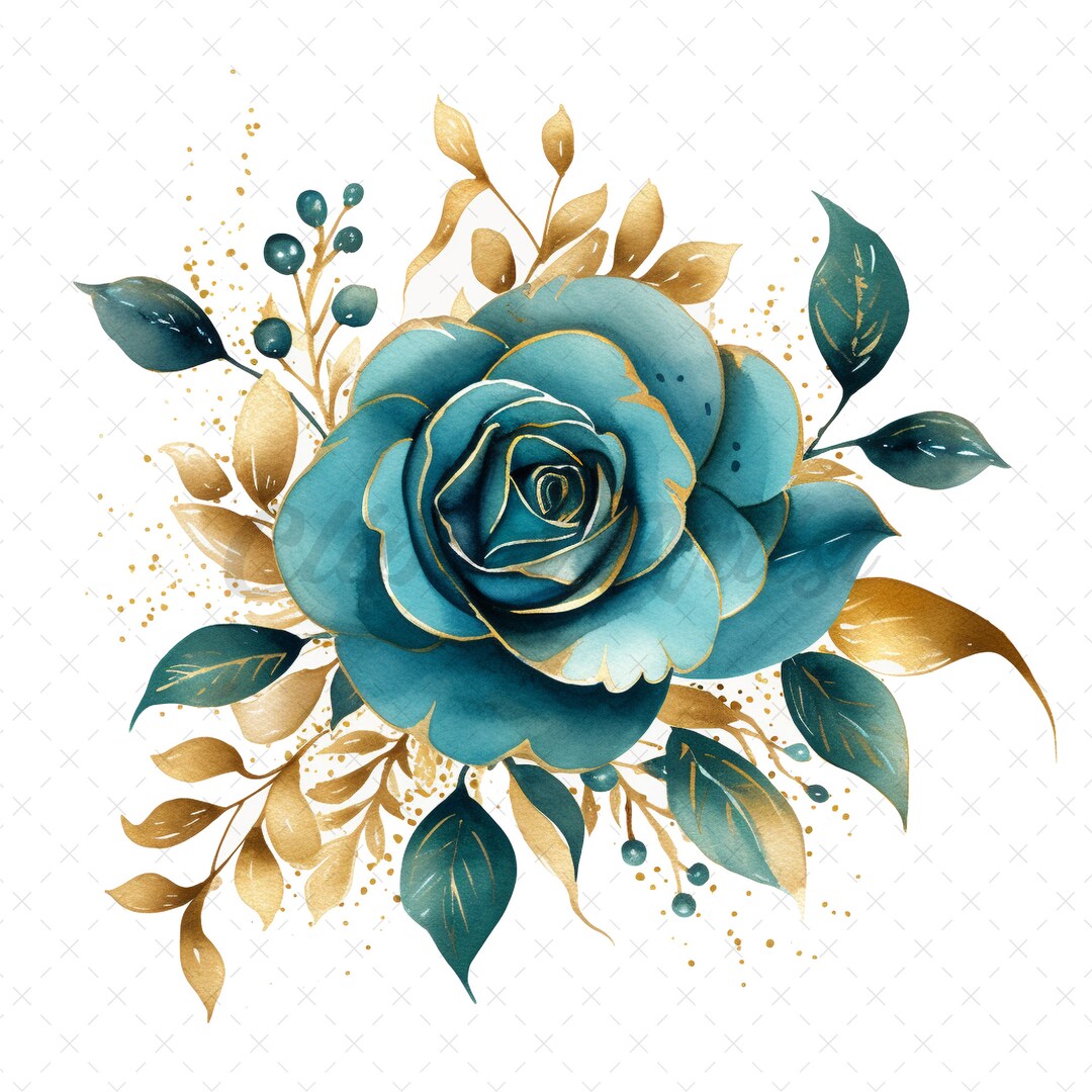 20 High-quality Teal Gold Floral Rose Clipart - Floral Rose Digital ...