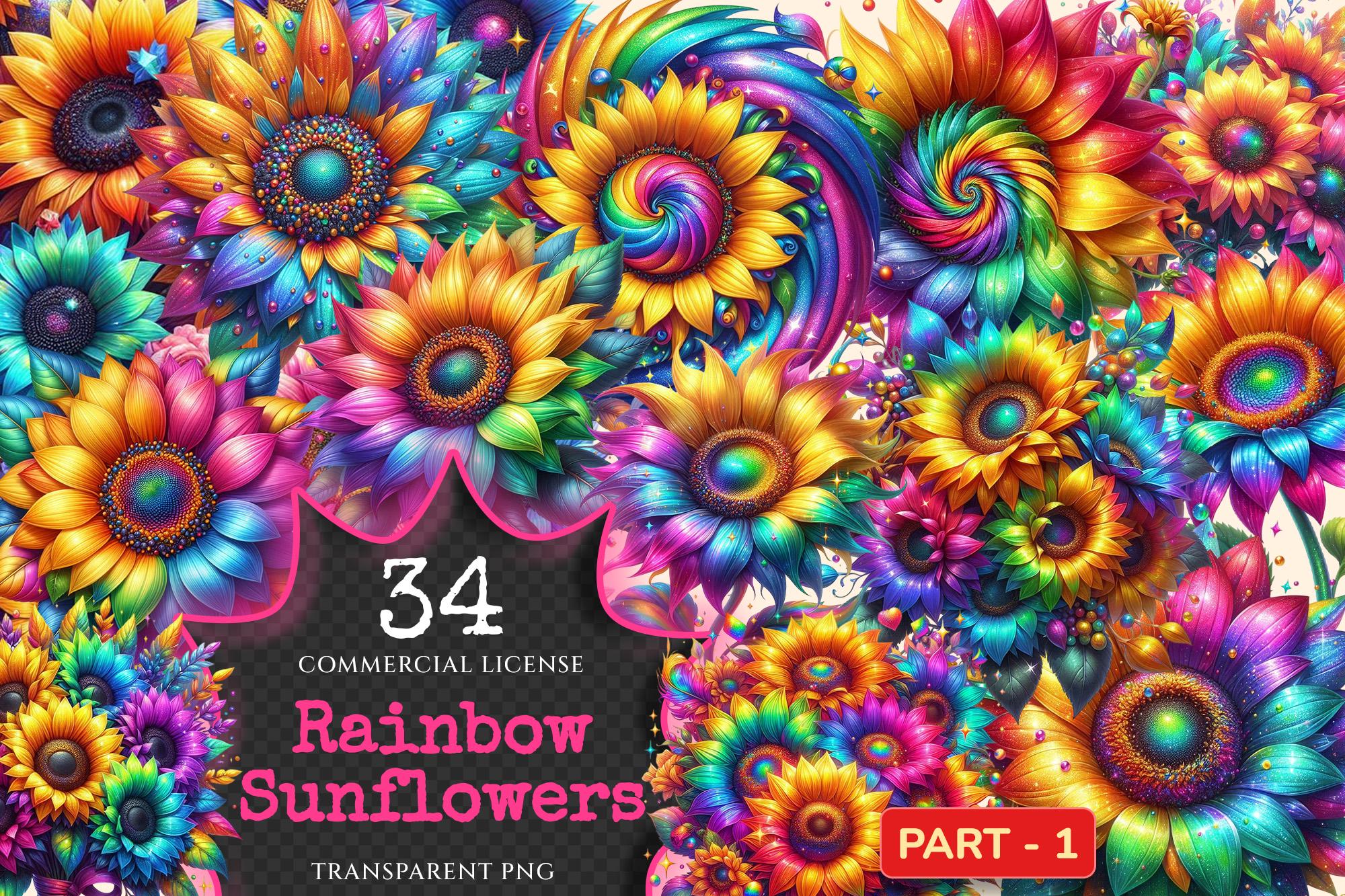 Rainbow Sunflower Clipart – Bright Floral Illustrations (PNG Digital ...