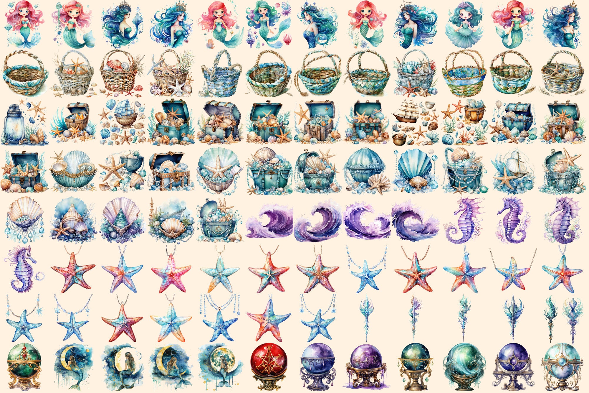 Watercolor Mermaid Clipart – 670+ PNG Illustrations (digital Download ...