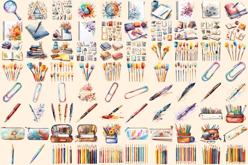 Watercolor School Supplies Clipart – 535+ PNG, Commercial Use (digital ...