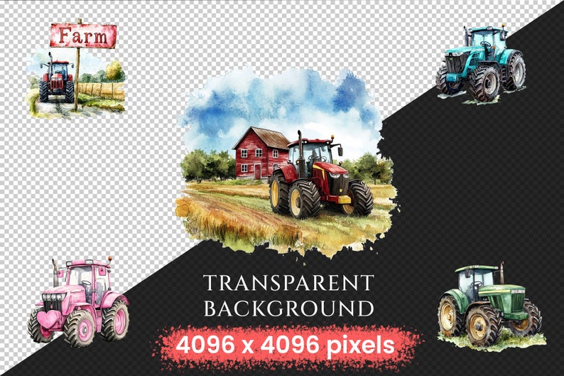 Watercolor Tractors Clipart Bundle – Farming PNG Graphics (digital ...