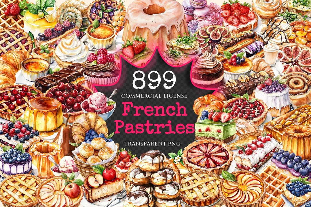 Watercolor French Pastries Clipart – Elegant Dessert PNG Graphics ...