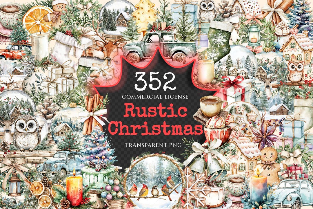 Rustic Christmas Watercolor Clipart Bundle - 348+ Transparent PNG, Warm ...