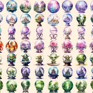 Crystal Balls Watercolor Clipart Bundle - 480+ Transparent PNG, Enchanted Orbs Graphics, Mystic ...