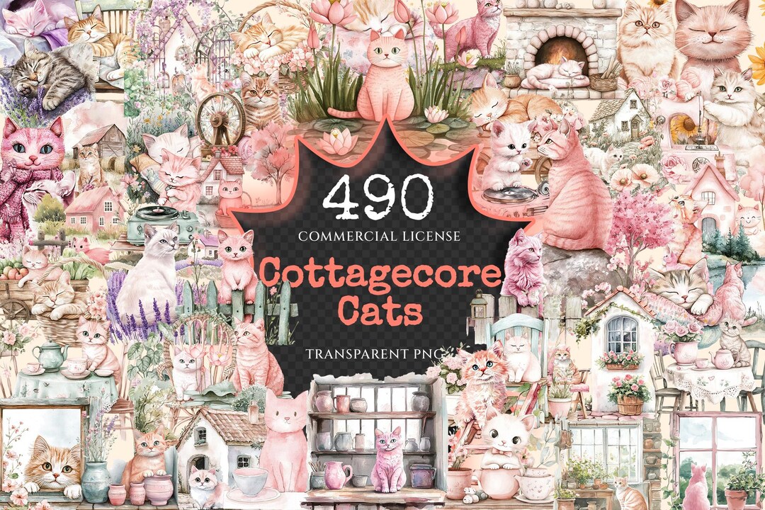 Cottagecore Cats Watercolor Clipart Bundle - 485+ Transparent PNG ...