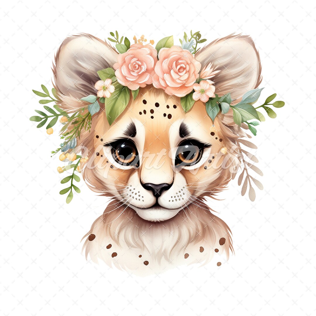 Floral Cheetah Clipart – Watercolor Animal Illustration (digital ...
