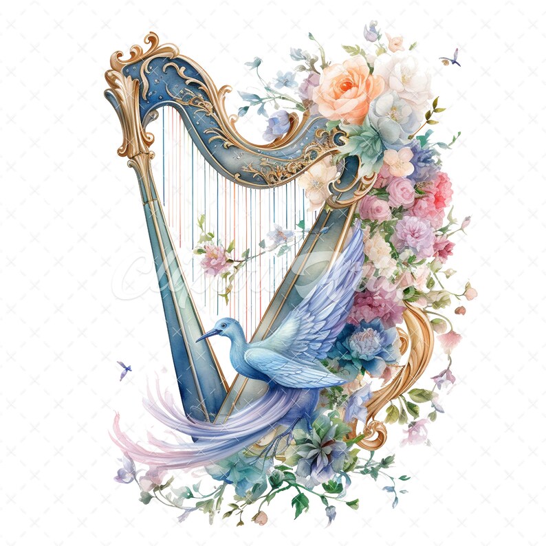 20 High-quality Magical Floral Harp Bird Clipart Floral Harp Digital ...