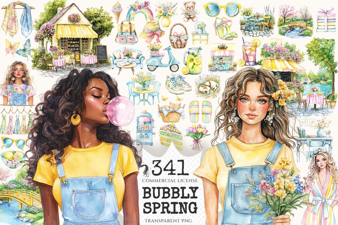 Bubbly Spring Watercolor Clipart Set - 340+ Transparent PNG, Sweet ...