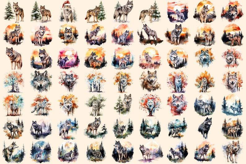 Watercolor Wolves Clipart Bundle – 415+ PNG Graphics, Commercial Use ...