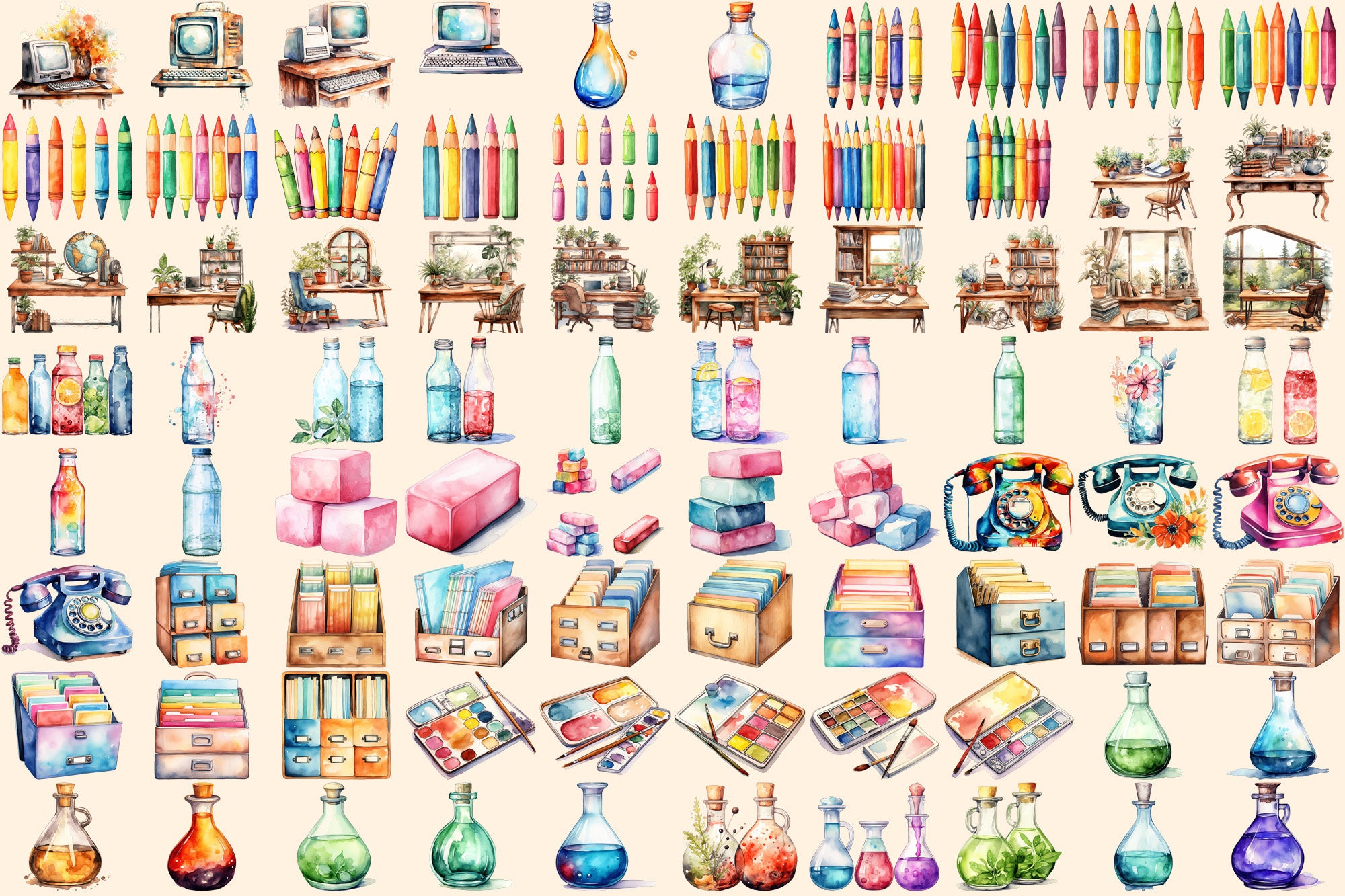 Watercolor School Supplies Clipart – 535+ PNG, Commercial Use (digital ...