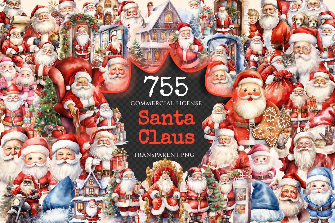 Santa Claus Watercolor Clipart Bundle - 750+ Transparent PNG, Cheerful ...