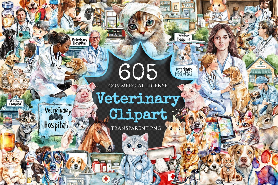 Veterinary Watercolor Clipart Bundle – 600+ PNG, Pet Health (digital ...