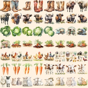 On the Farm Watercolor Clipart Bundle - 570+ Transparent PNG, Rustic ...