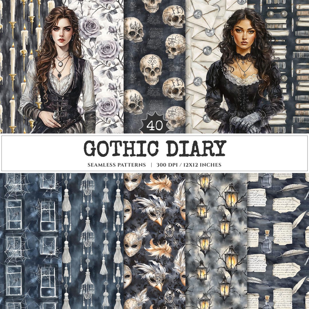 Gothic Halloween Seamless Patterns, Skull, Rose, Haunted (digital ...