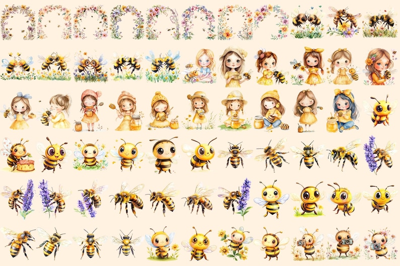 Watercolor Honey Bee Clipart Bundle – 440+ PNG Graphics (digital ...