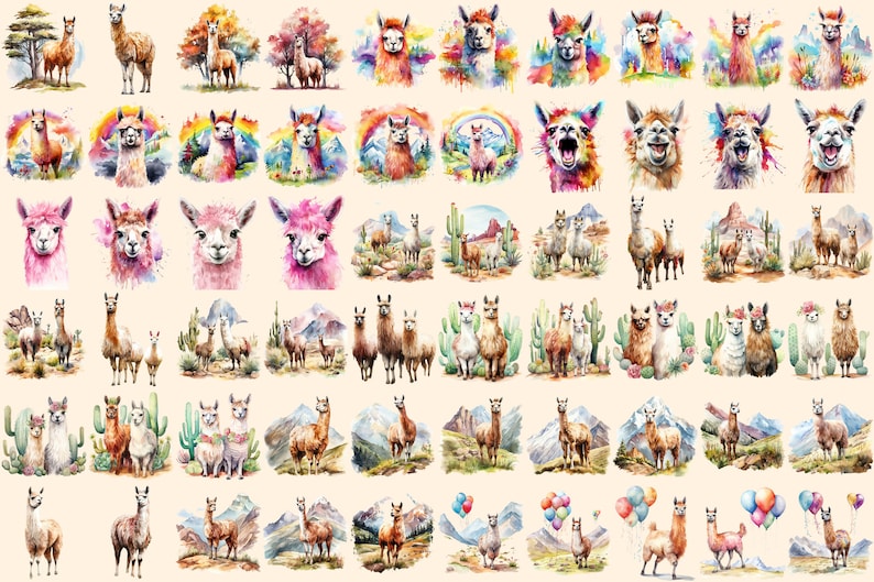 Watercolor Llamas Clipart Bundle – 400+ PNG Images (digital Download ...