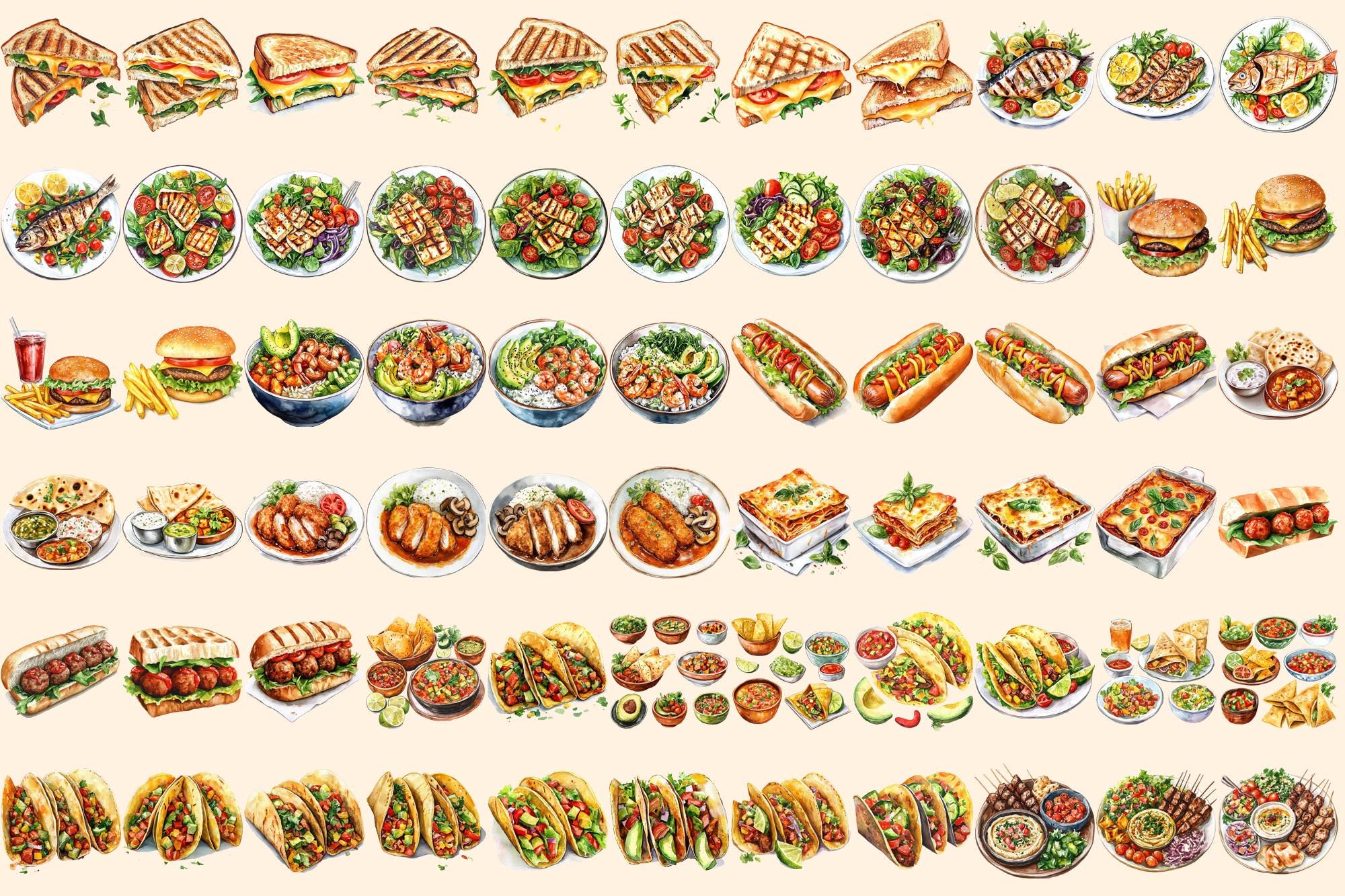 Watercolor Lunch Foods Clipart Bundle – 450+ PNG, Commercial Use ...