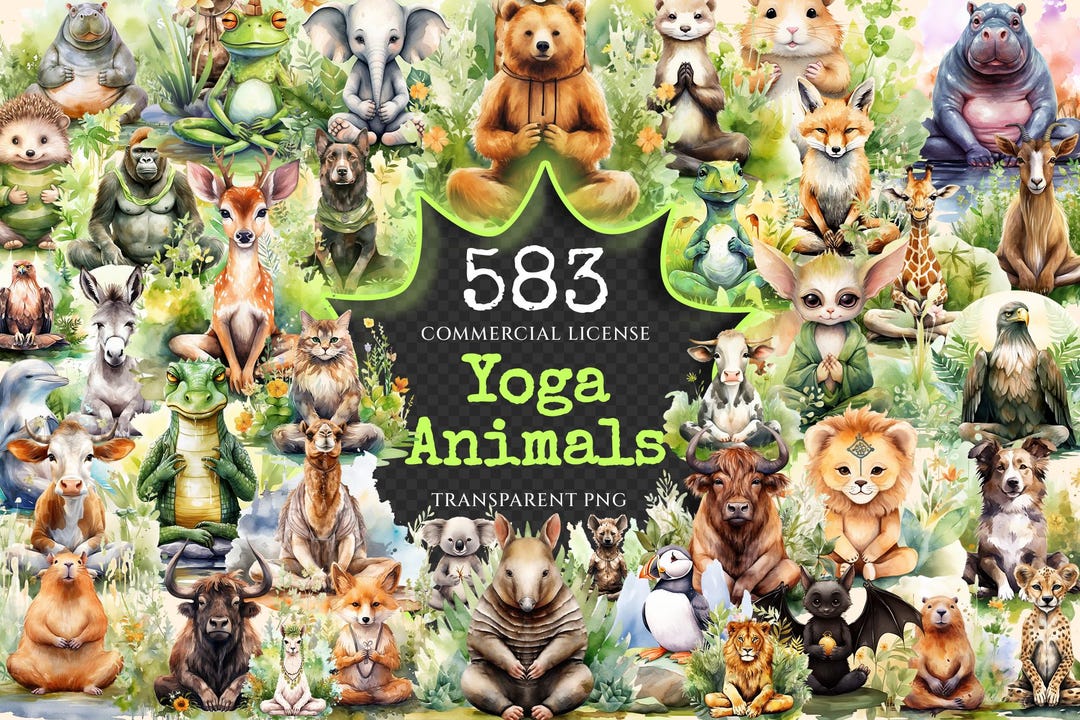 Yoga Animals Watercolor Clipart – 580+ PNG Graphics (digital Download ...