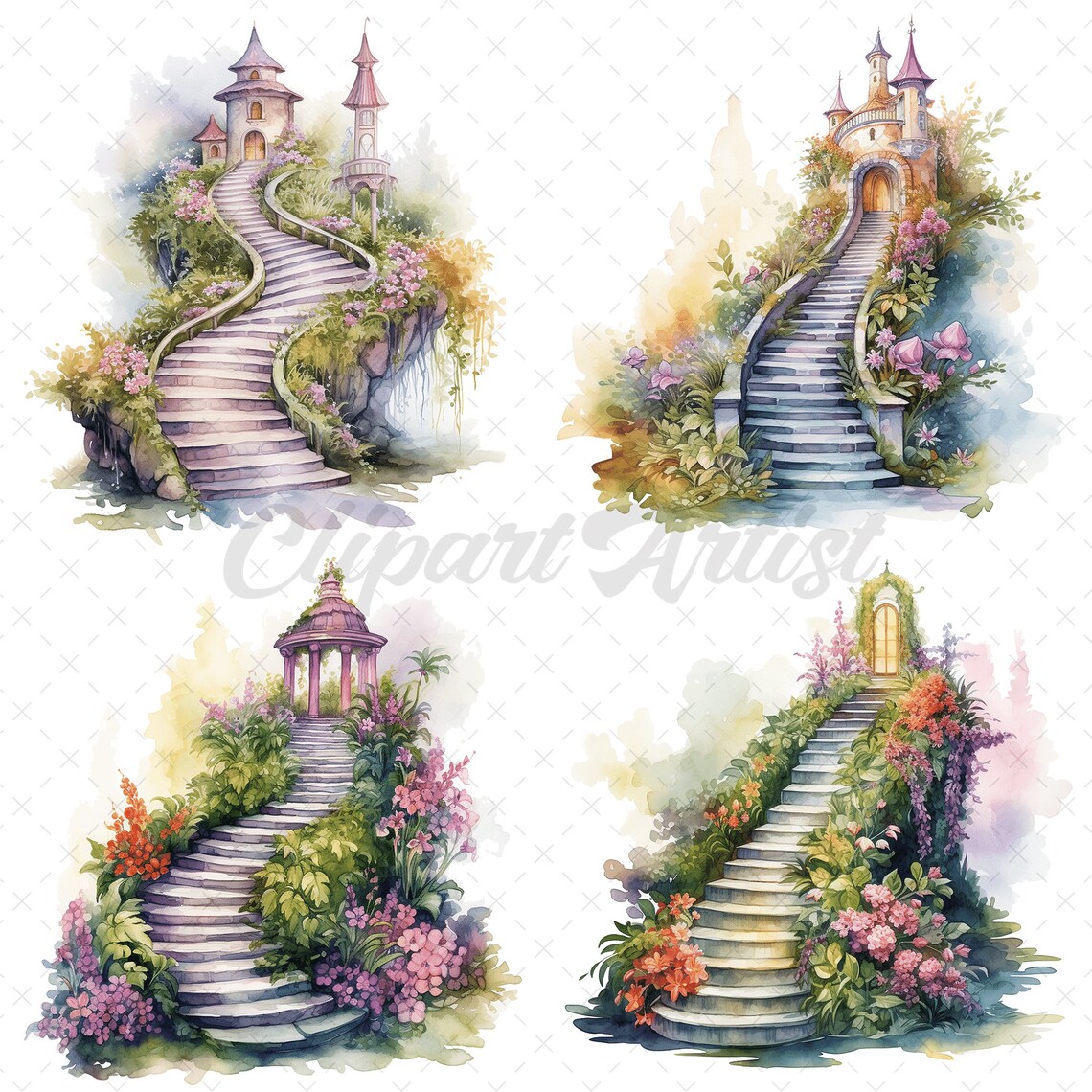 20 High-quality Fantasy Stairs Clipart Green Fantasy Watercolor Stairs ...