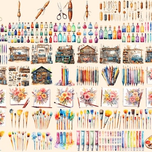 Artist Supplies Watercolor Clipart Bundle - 465+ Transparent PNG, Art ...