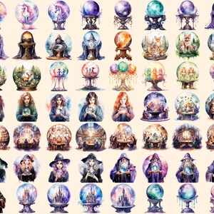 Crystal Balls Watercolor Clipart Bundle - 480+ Transparent PNG, Enchanted Orbs Graphics, Mystic ...