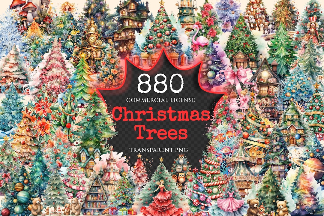 Christmas Trees Watercolor Clipart Bundle - 875+ Transparent PNG ...