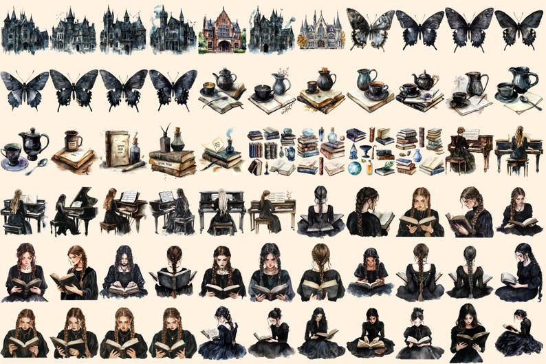 Gothic Academia Watercolor Clipart Bundle – 443+ PNG Images (digital ...
