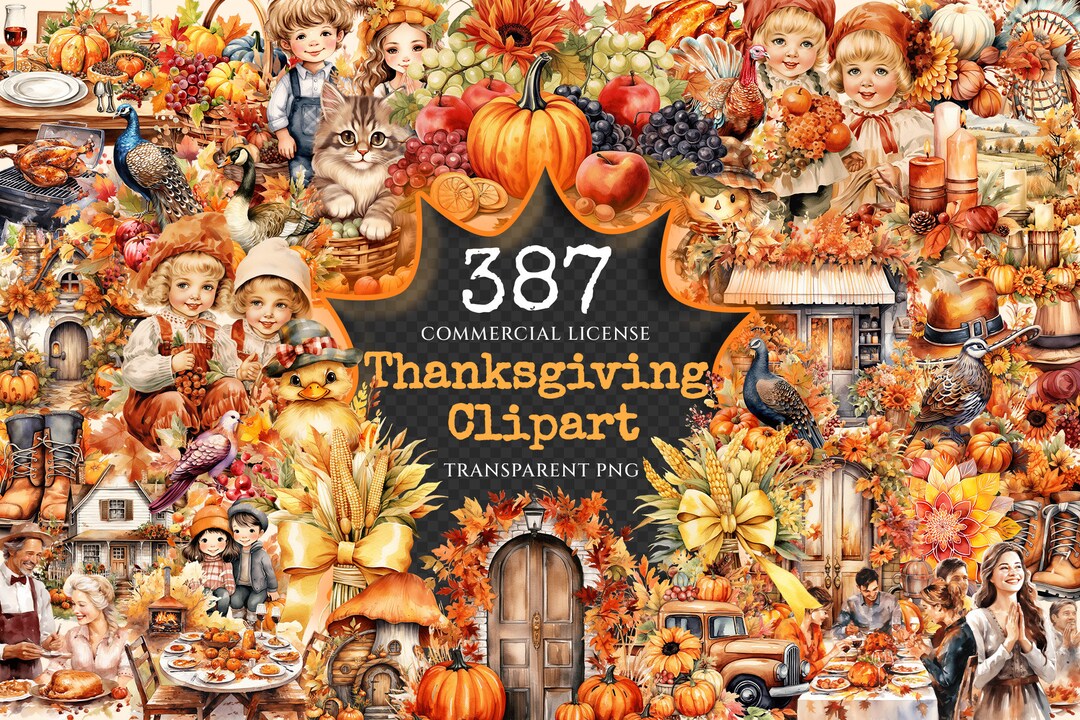 Thanksgiving Watercolor Clipart Bundle - 380+ Transparent PNG, Thankful ...