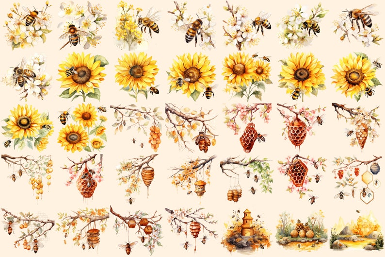 Honey Bee Watercolor Clipart Bundle – Spring Garden PNG (digital ...