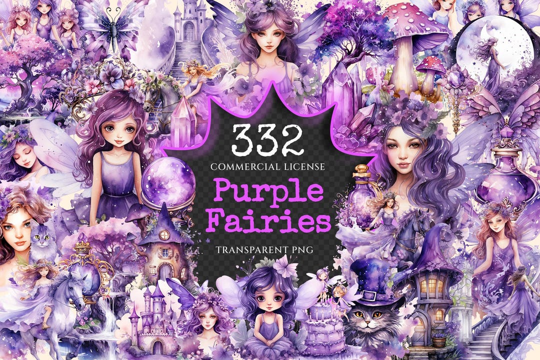 Purple Fairies Watercolor Clipart – 330+ PNG, Storybook Art (digital ...
