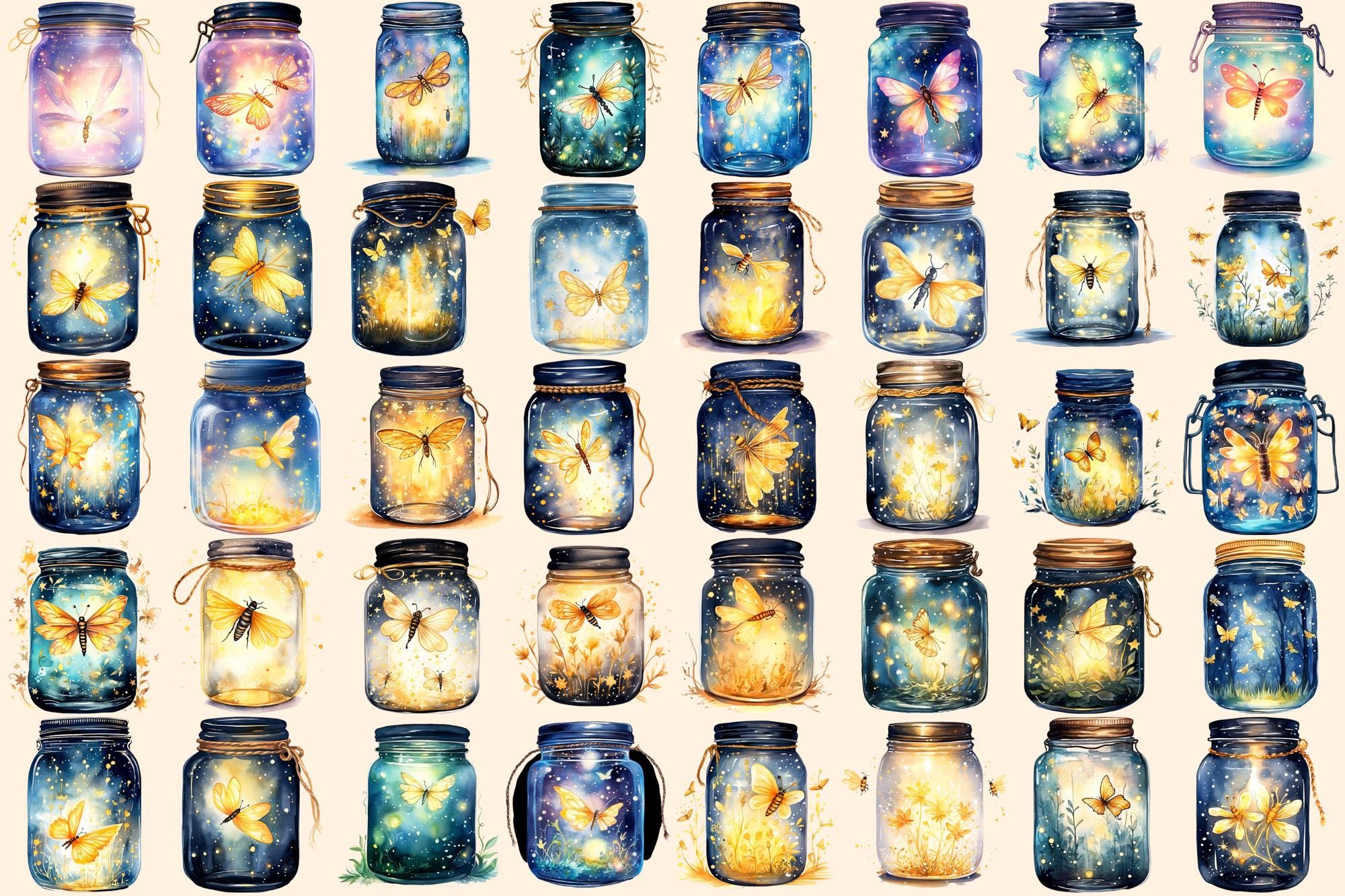 Firefly Jars Watercolor Clipart Bundle – Whimsical PNG Graphics ...