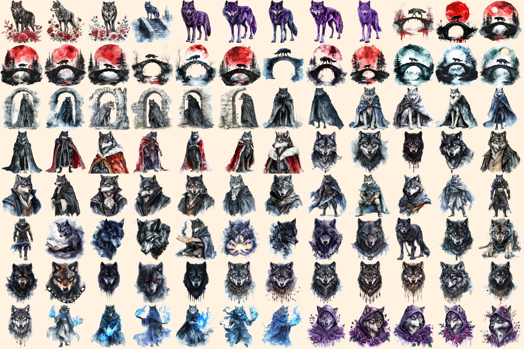 Gothic Wolves Watercolor Clipart – Enigmatic PNG Graphics (digital ...