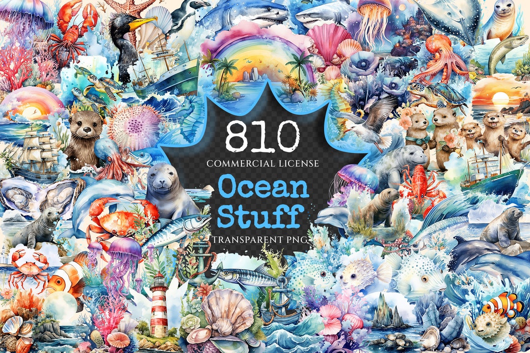 Ocean Stuff Watercolor Clipart Bundle - 800+ Transparent PNG, Ocean ...