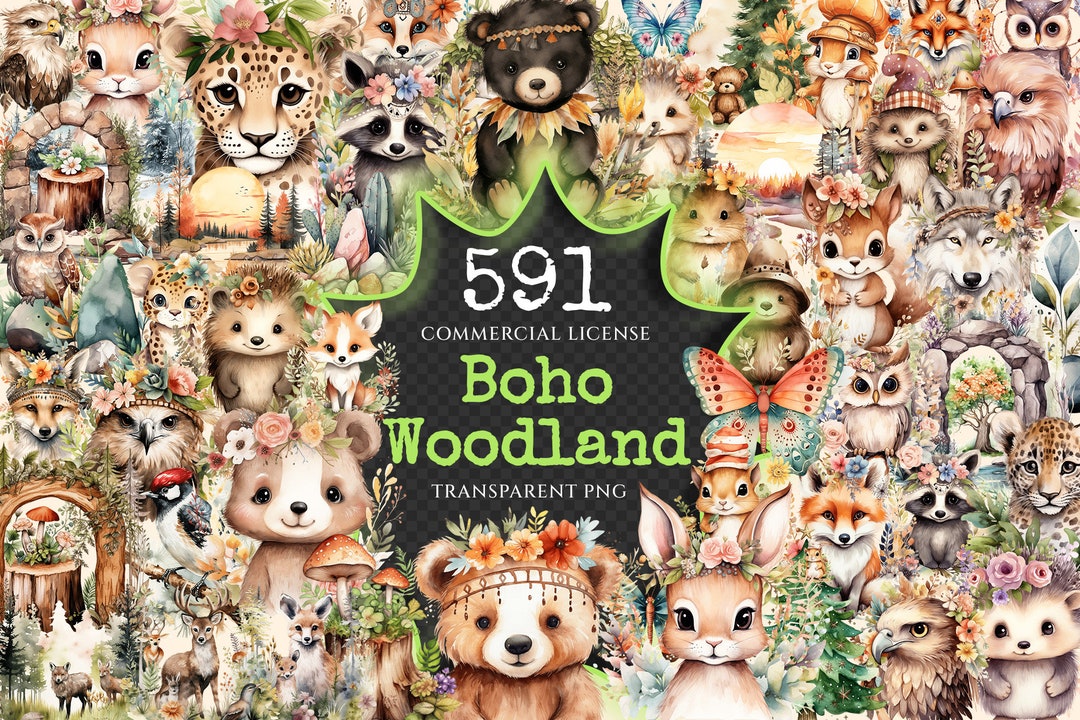 Boho Woodland Animals Watercolor Clipart Bundle - 586+ Transparent PNG ...