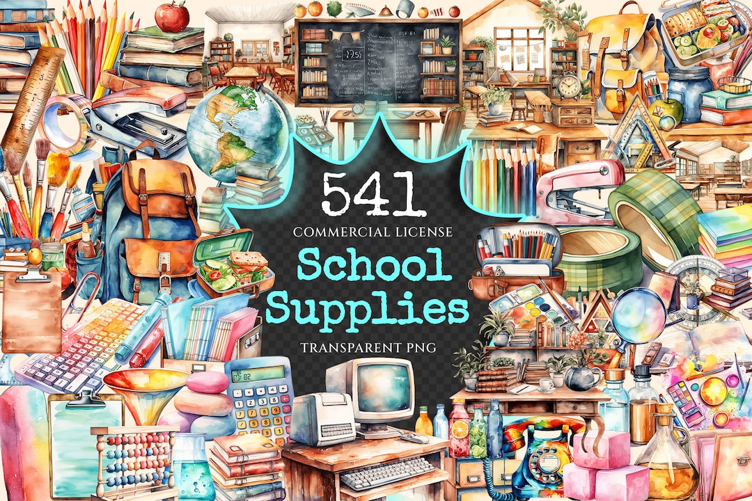 Watercolor School Supplies Clipart – 535+ PNG, Commercial Use (digital ...