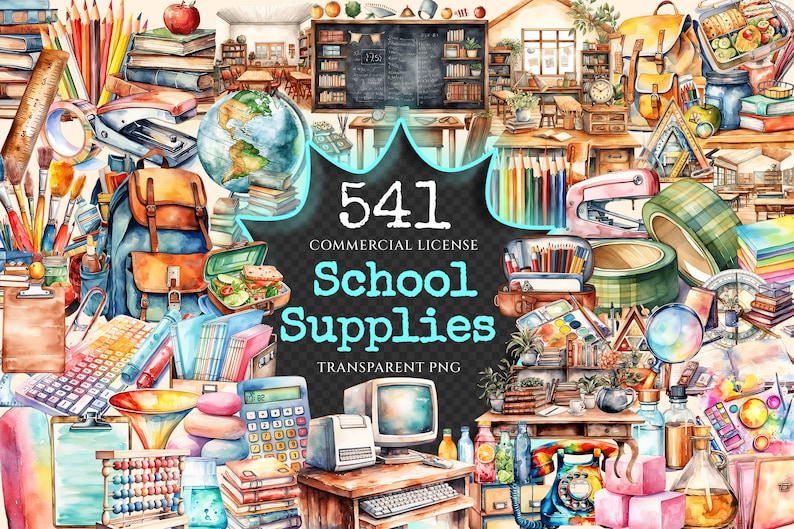 School Supplies Watercolor Clipart Bundle 535 Transparent PNG, Back to ...