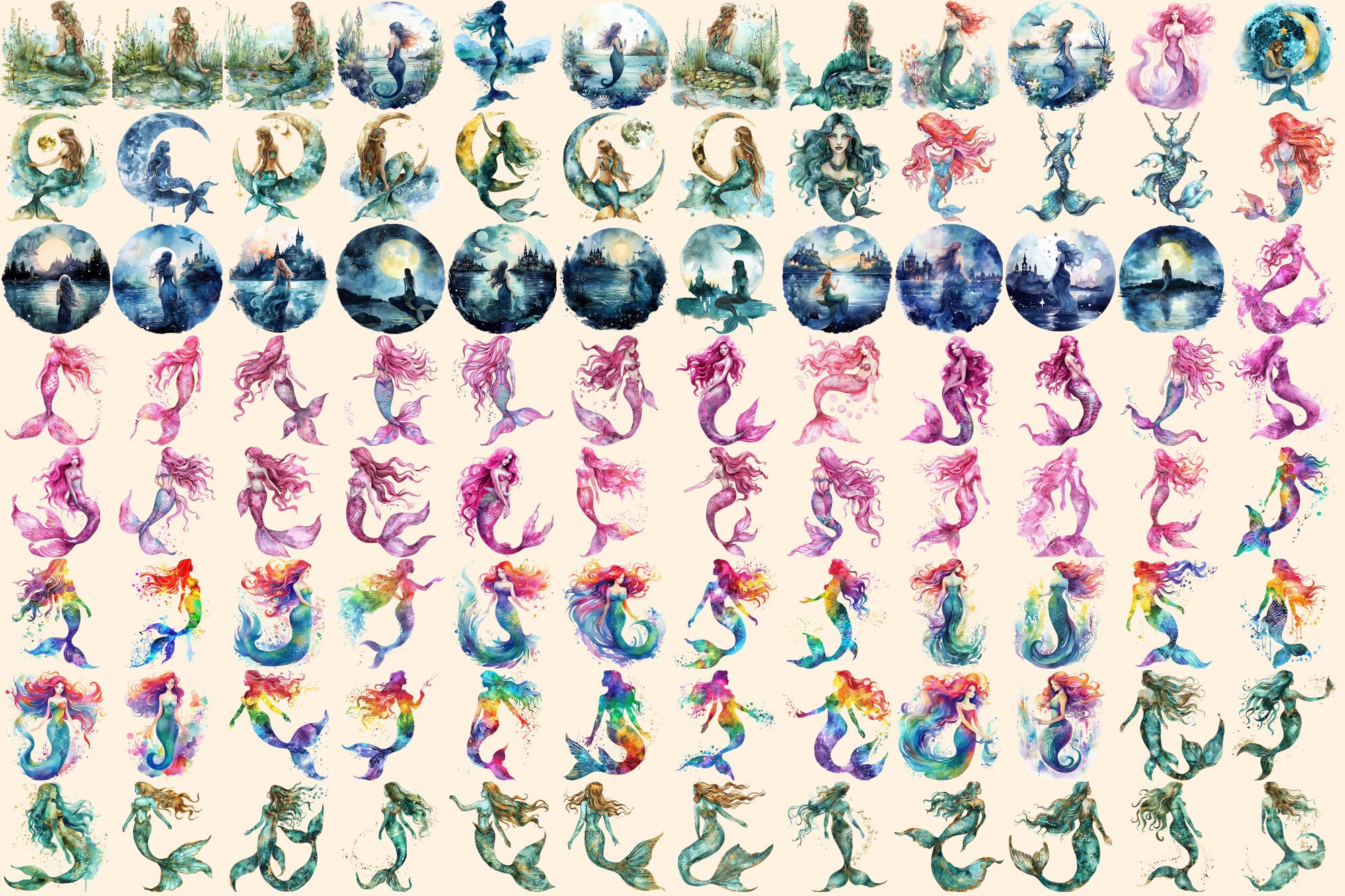 Watercolor Mermaid Clipart – 670+ PNG Illustrations (digital Download ...