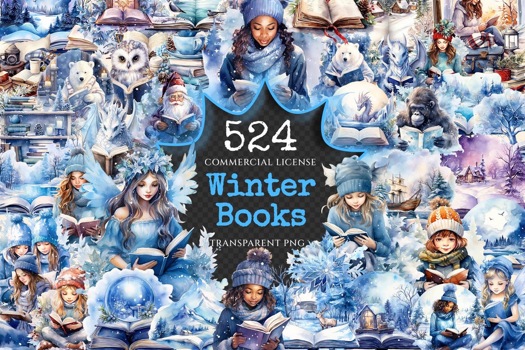 Winter Books Watercolor Clipart Bundle – 520+ PNG Graphics (digital ...