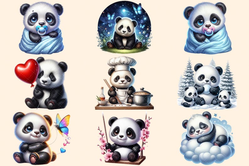 Panda Clipart – 44 Sweet PNG Illustrations (digital Download) - Etsy