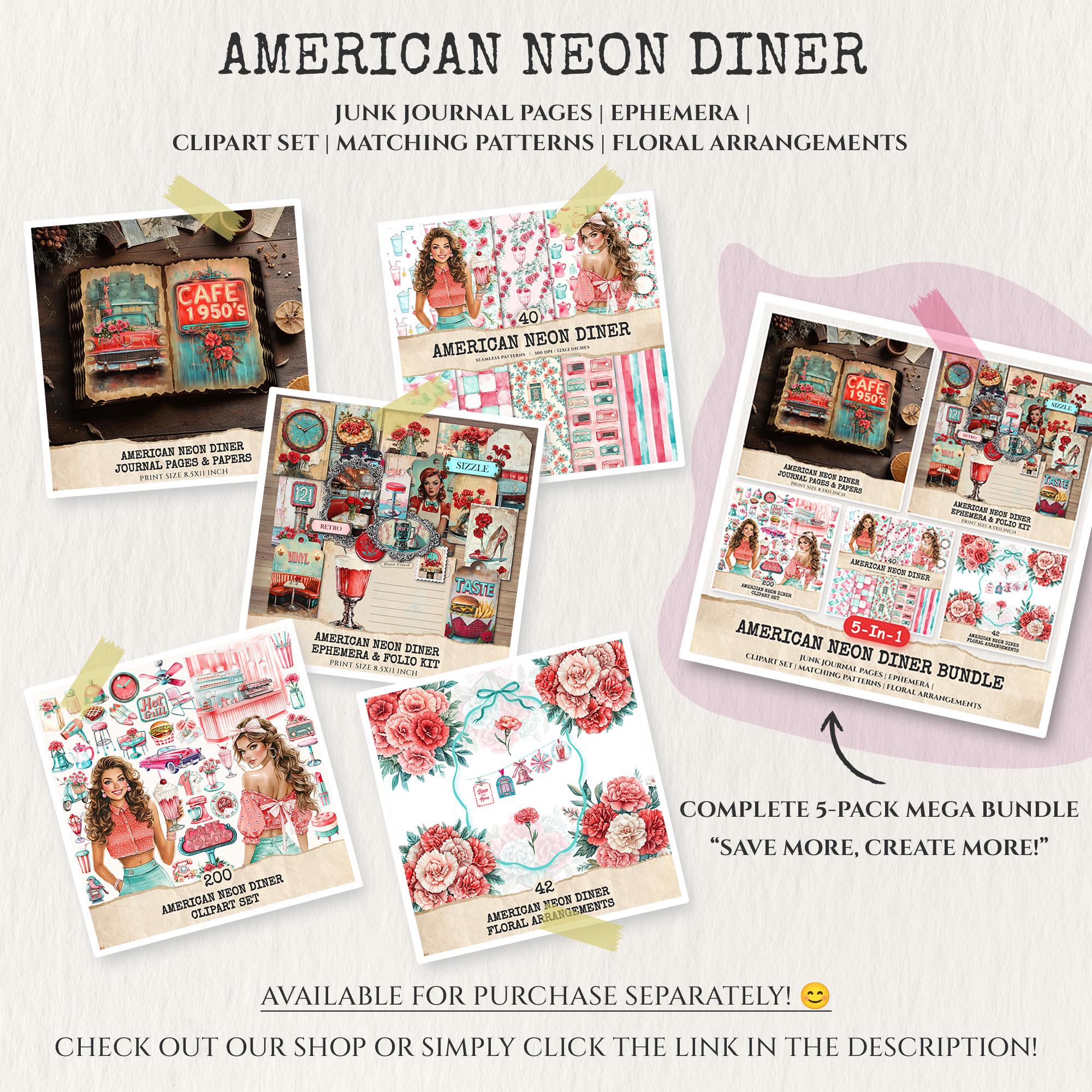 American Neon Diner Clipart Set – 50's Diner Illustrations, Nostalgic ...