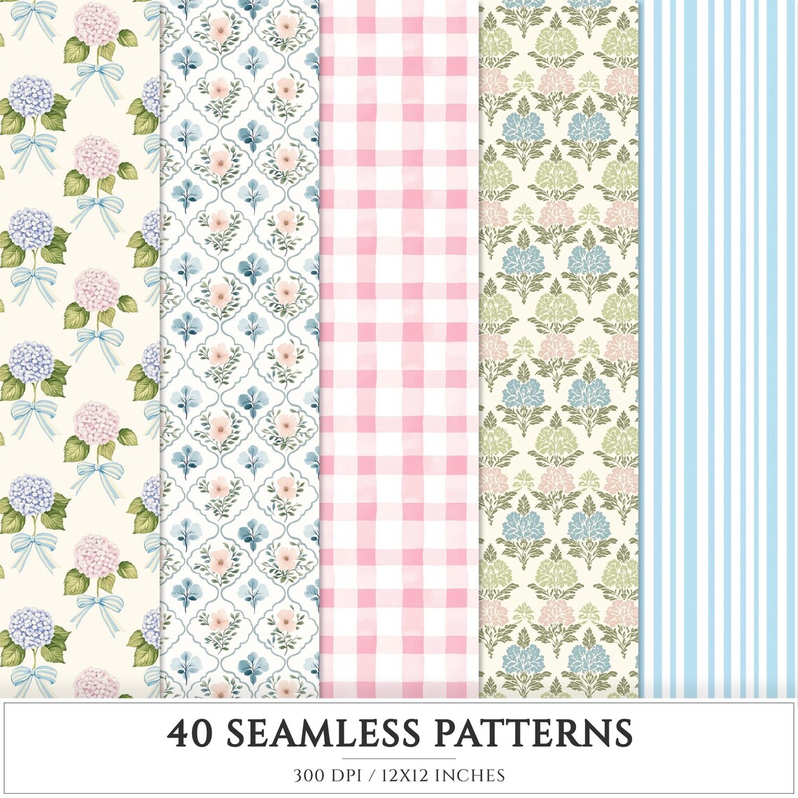 Grandmillennial Seamless Patterns, Chinoiserie, Pastel (digital ...